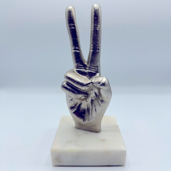 Office | Peace Sign Hand Symbol Sculpture Gold Tone Metal Hand On Stone ...